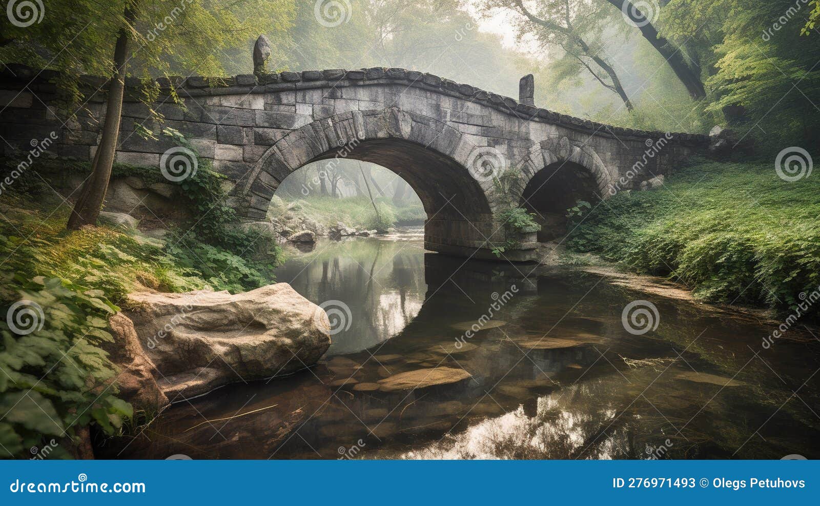 A Stone Bridge Over a River Surrounded by Trees and Rocks Stock ...