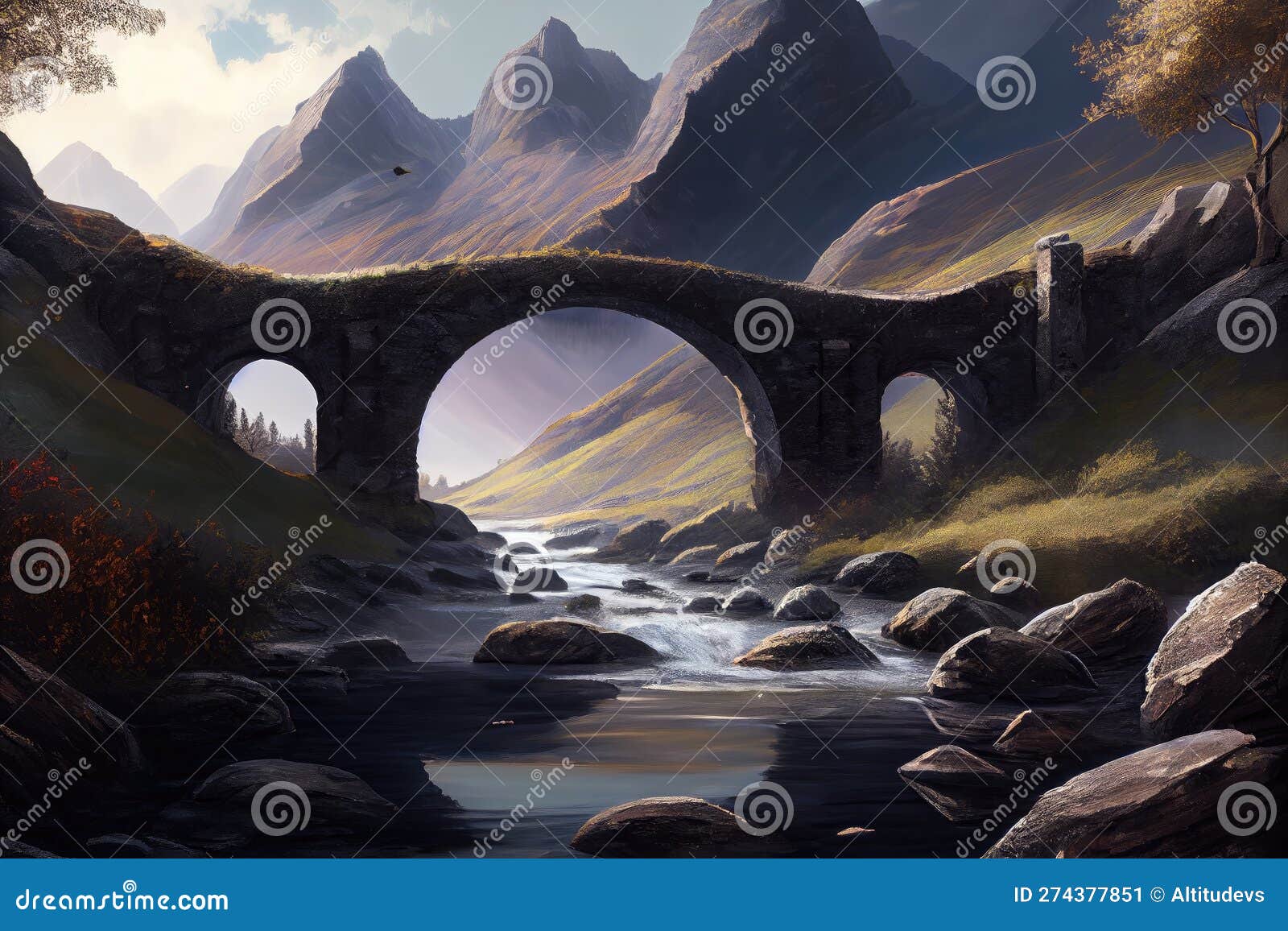 Stone Bridge Over Rushing River, with View of Towering Cliffs in the ...