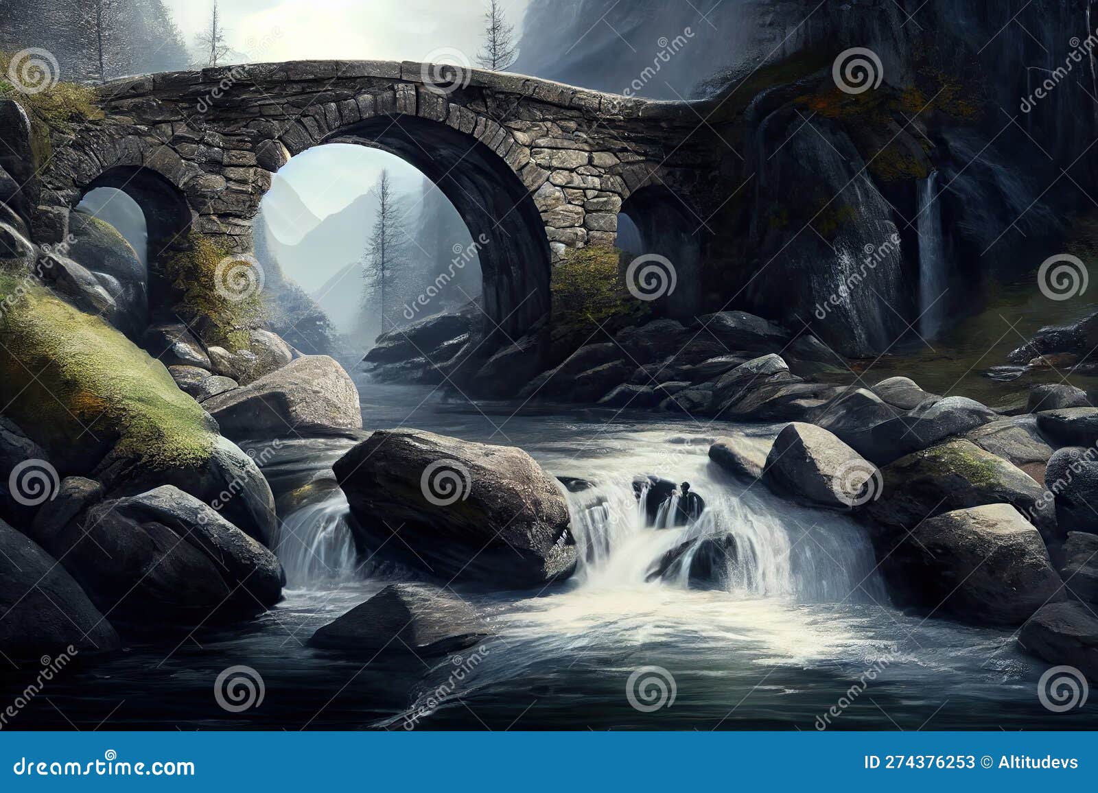 Stone Bridge Over Rushing River, with Waterfall in the Background Stock ...