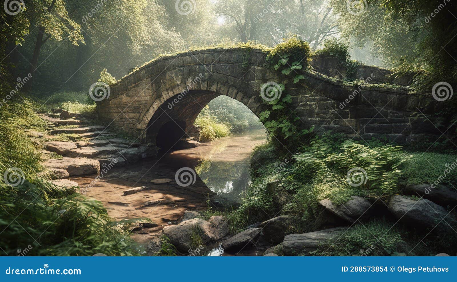 A Stone Bridge Over a Small Stream in a Forest Filled with Trees Stock ...