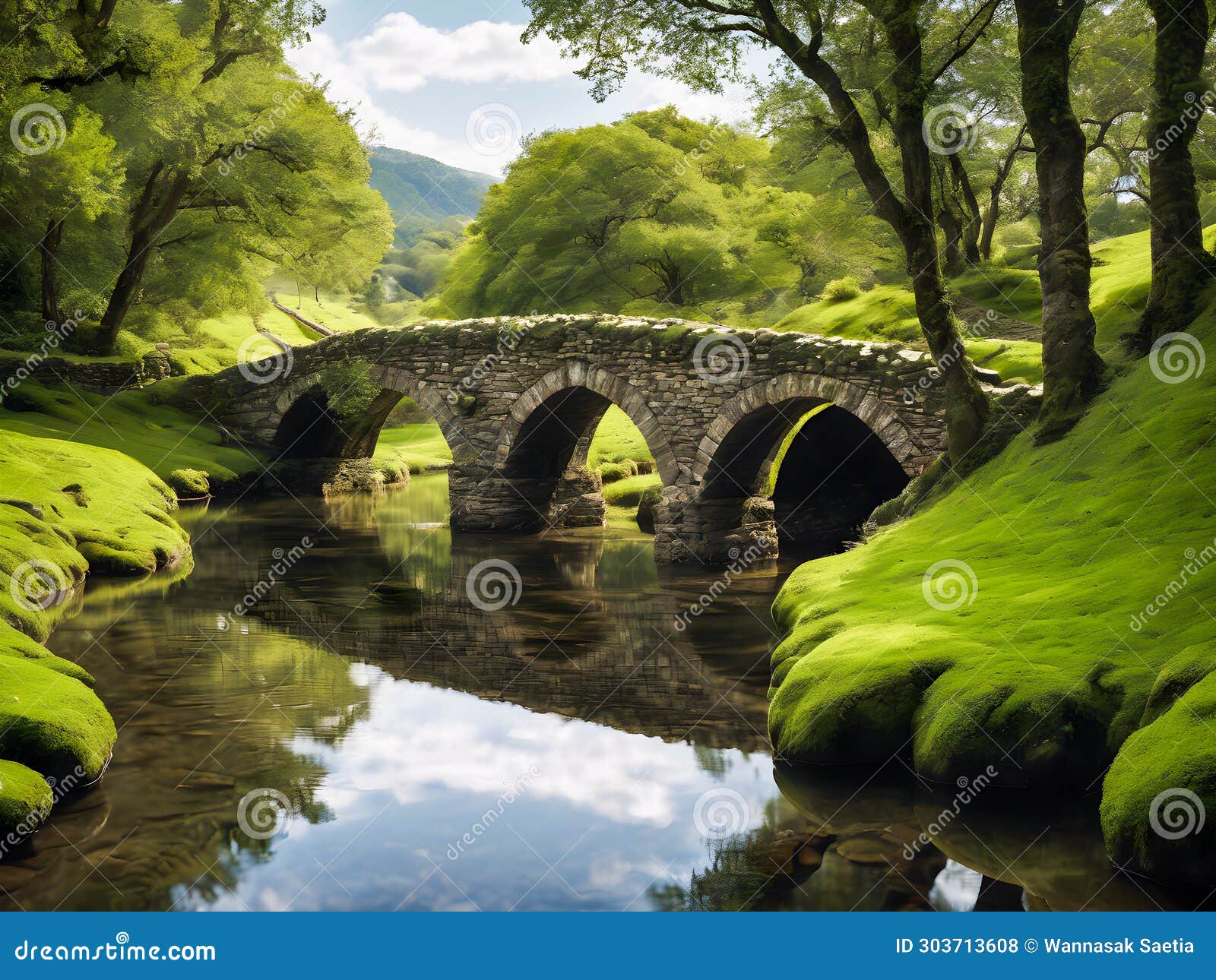 Stone bridge over a stream stock illustration. Illustration of scenic ...