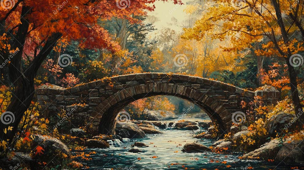 Stone Bridge Over a Stream in an Autumnal Forest Stock Illustration ...