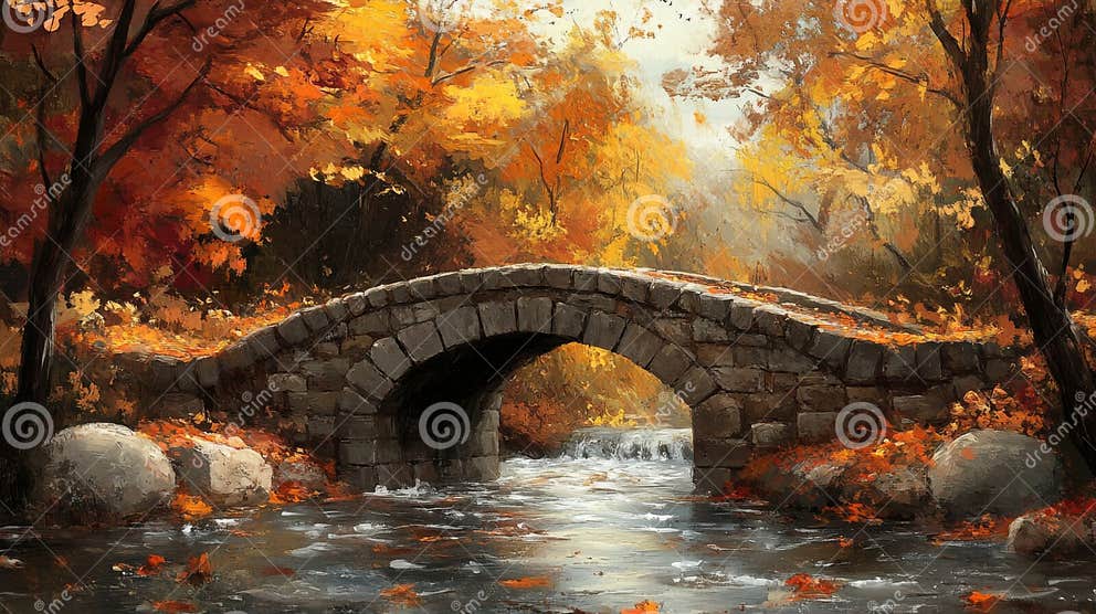 Stone Bridge Over a Stream in an Autumnal Forest Stock Illustration ...