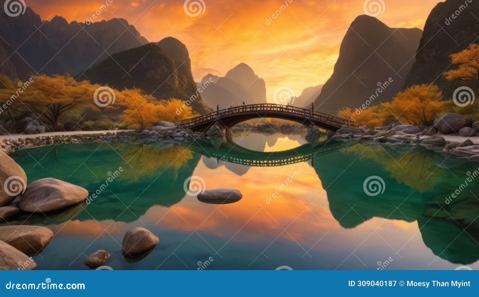 A Stone Bridge a Pristine, Rippling Jade Lake Stock Illustration ...