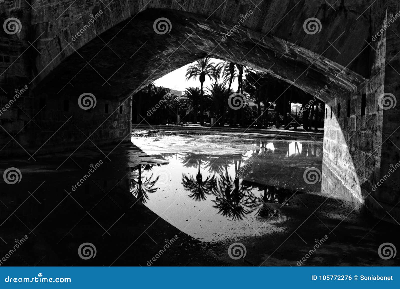 Stone Bridge and Reflections in a Park Puddle. Stock Photo - Image of ...