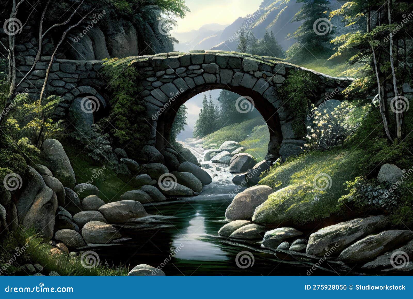 Stone Bridge with Stream Running Beneath, Surrounded by Lush Greenery ...