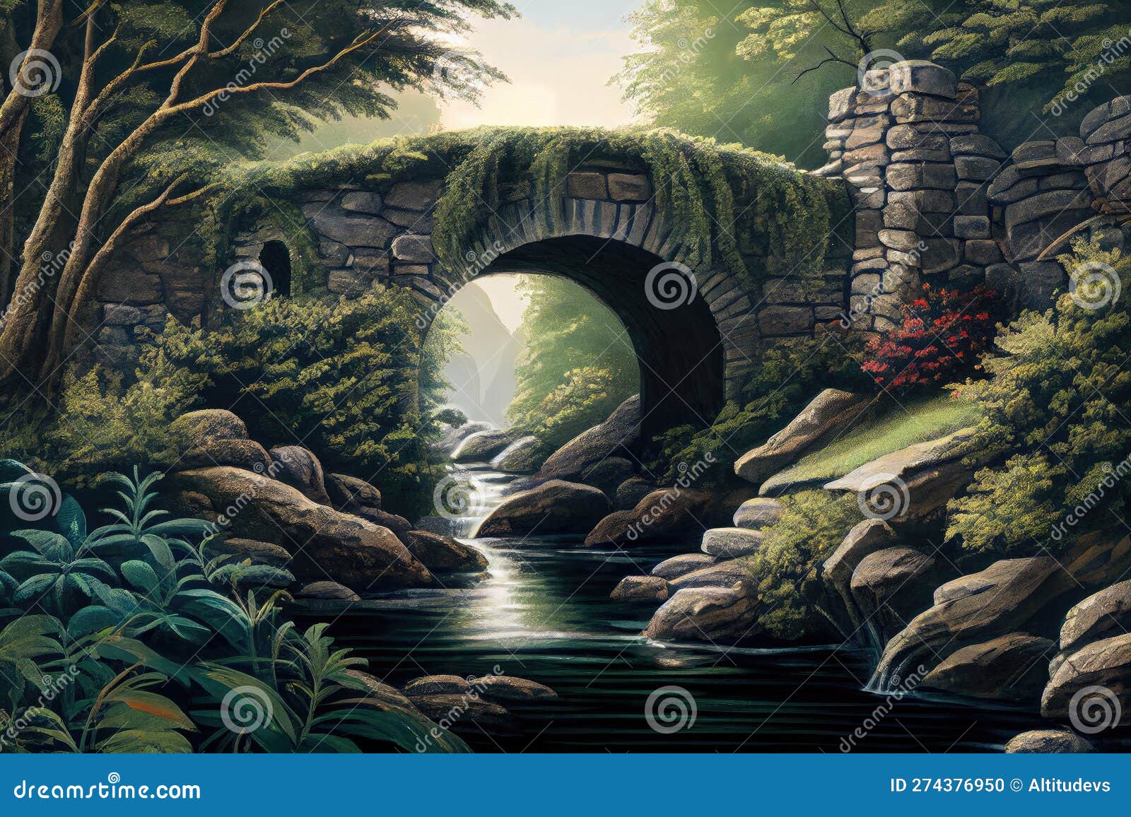 Stone Bridge, with Stream and Waterfall, Surrounded by Lush Greenery ...