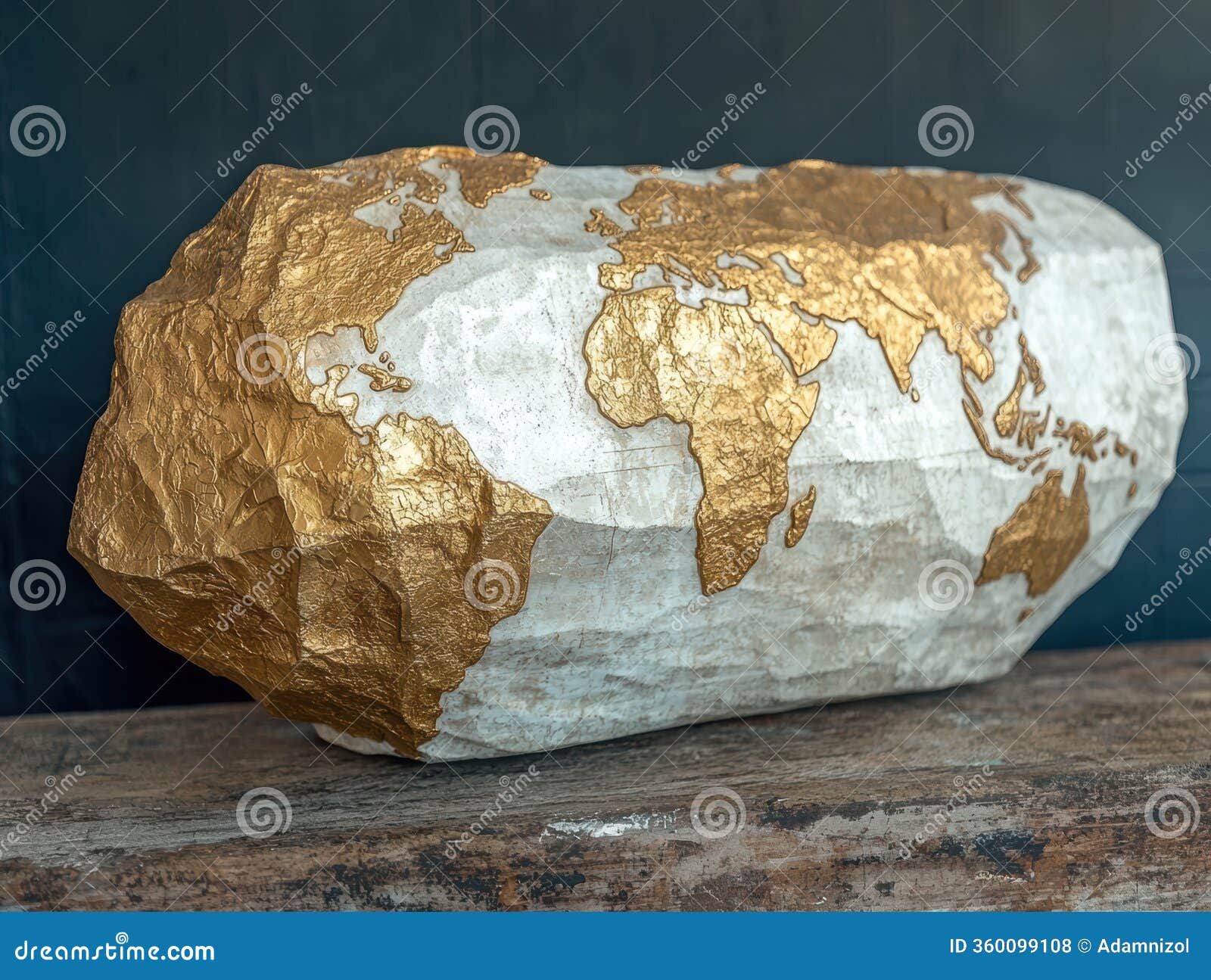 Stone Carving of the World Map with Gold Continents. Stock Illustration ...