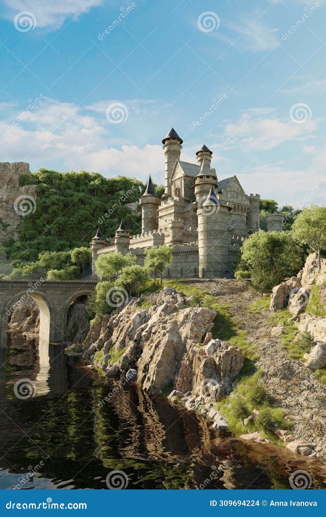 Stone Castle with Turrets Stands on Cliff with an Arched Bridge Over ...