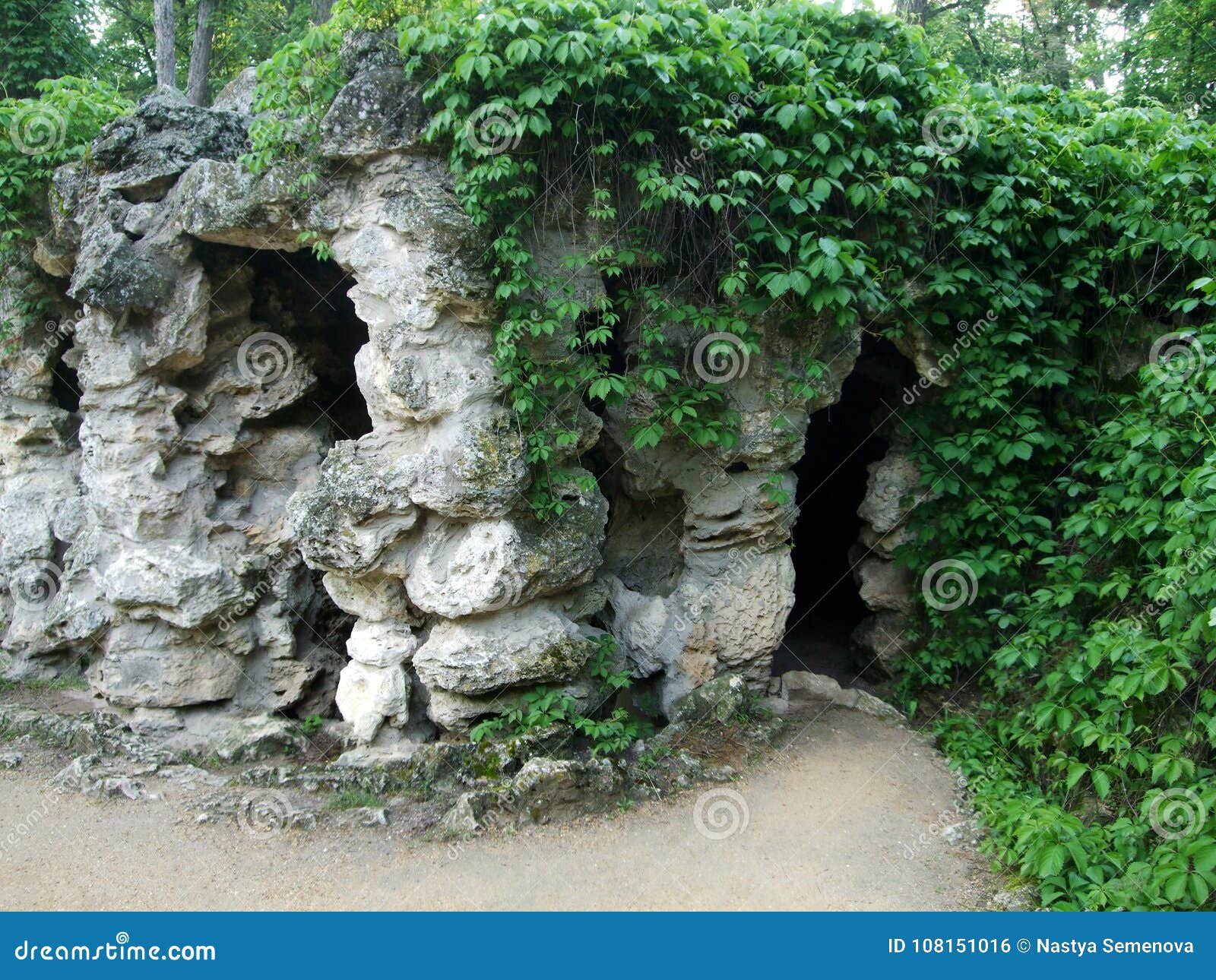 Stone Cave Overgrown with Wattle Grapes in the Park Stock Photo - Image ...