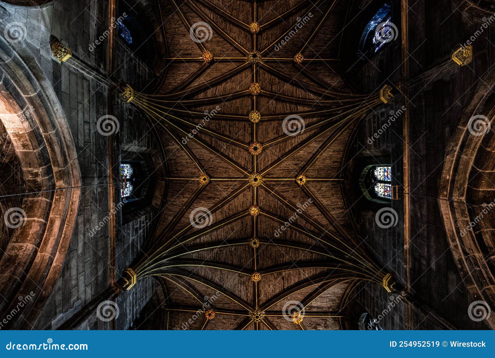 Ceiling of the Cathedral with Arches and Stained Glass Windows Stock ...