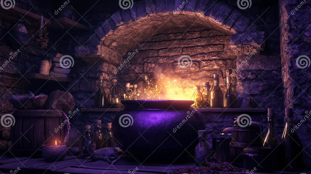 A Stone Cellar with a Cauldron and Potions Stock Illustration ...