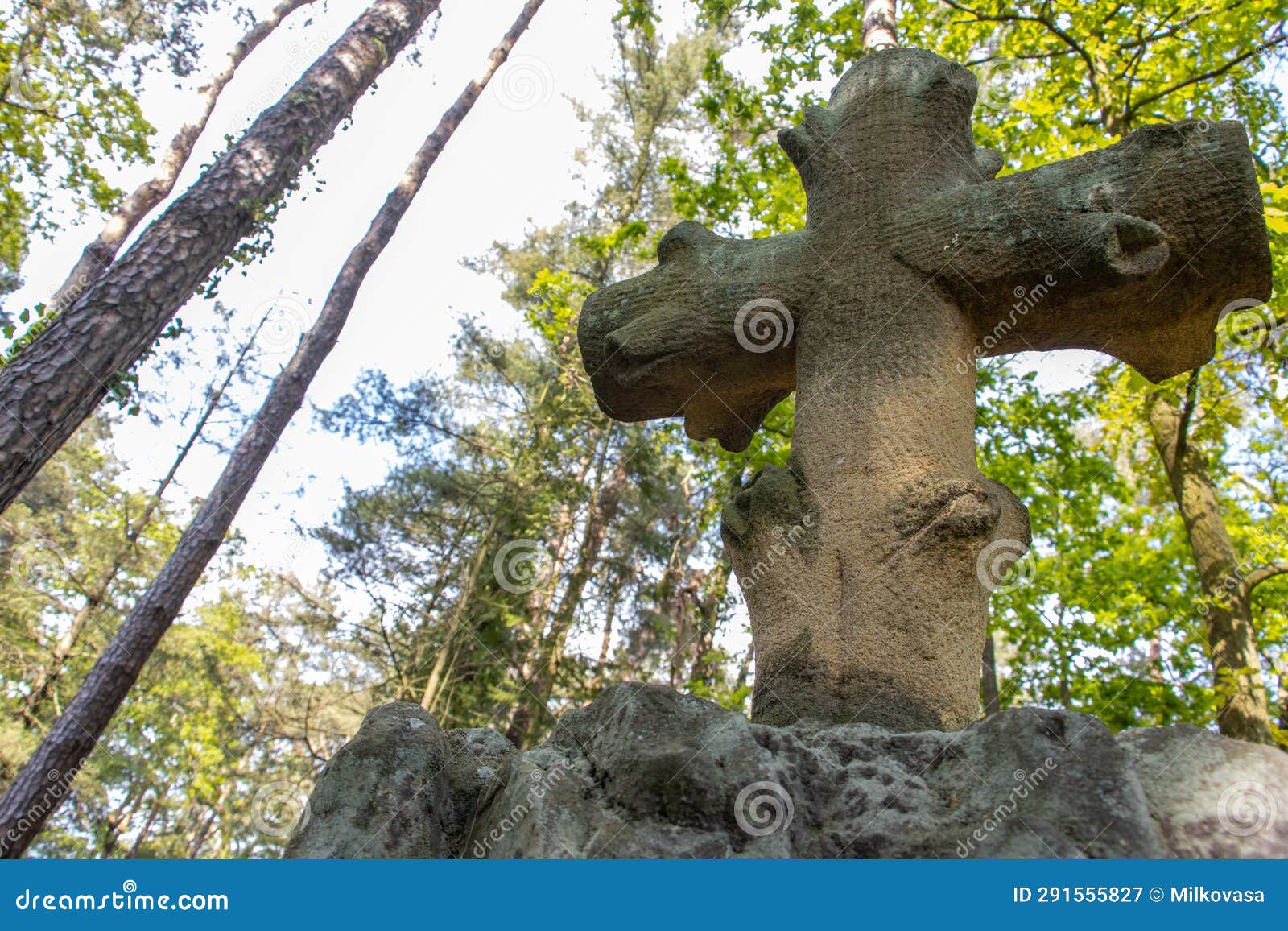 A Stone Christian Cross Under the Treetops Stock Image - Image of stone ...