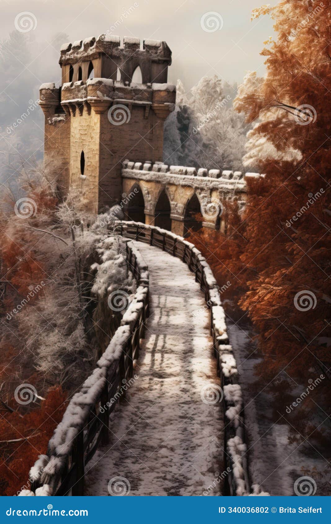 A Stone Citadel Built on a Bridge in Late Autumn or Early Winter Stock ...