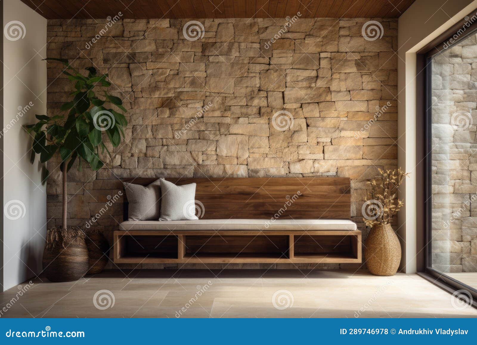 Stone Cladding Wall and Bench with Home Decor in Spacious Hallway. Interior Design of Modern ...