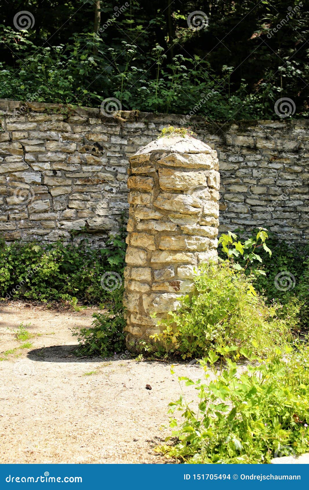 Stone Column by the Stone Wall in Woods Stock Photo - Image of green ...