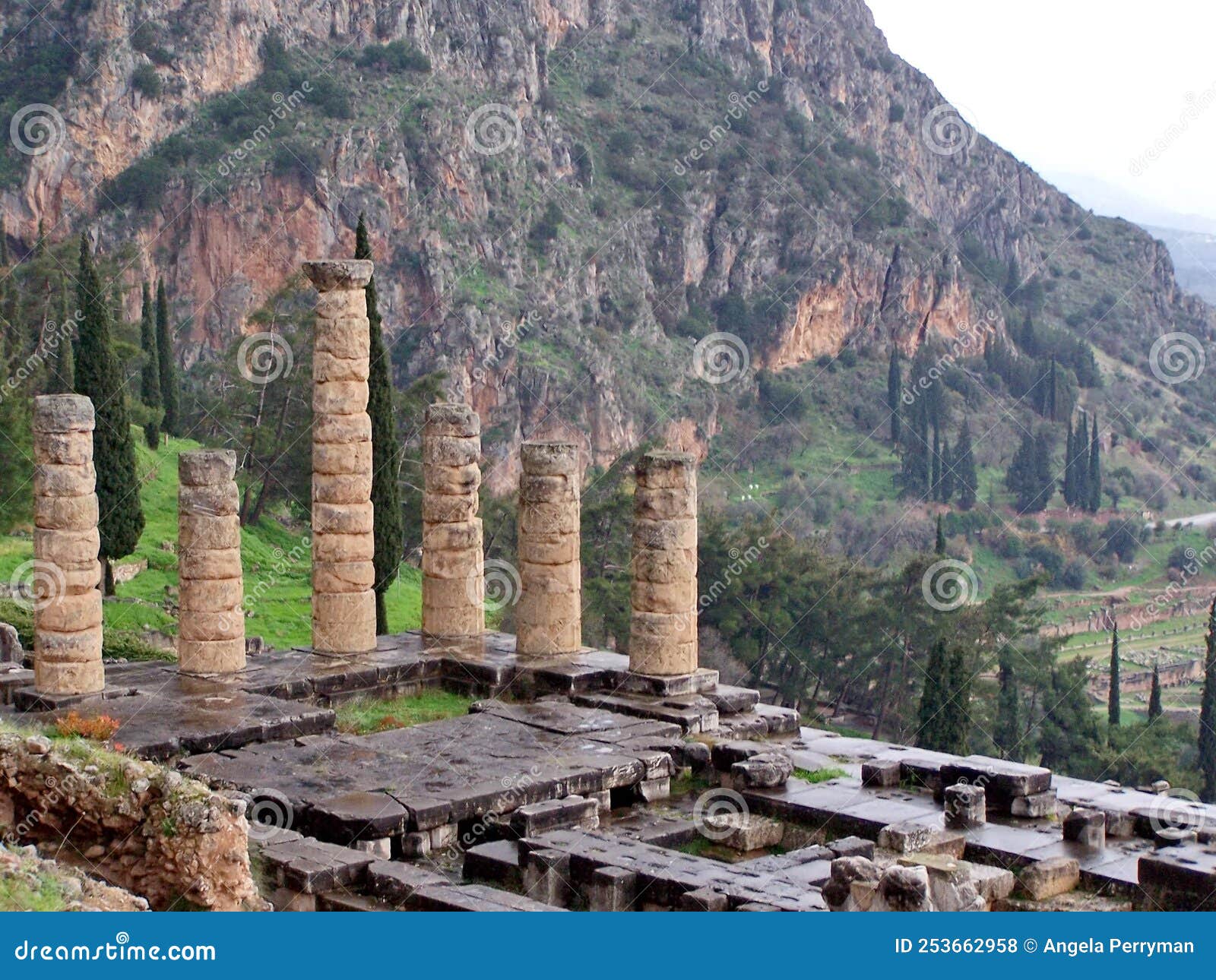 Stone Columns in Delphi, Greece Stock Photo - Image of mount, cloudy ...