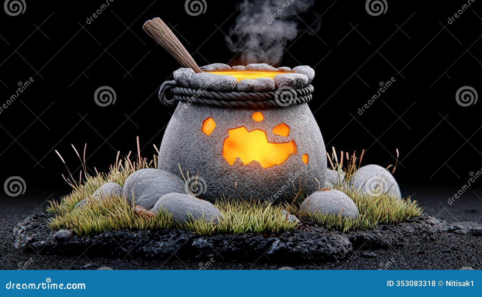 Stone Cooking Pot with Steam Glowing Interior Set on Grassy Rocks ...