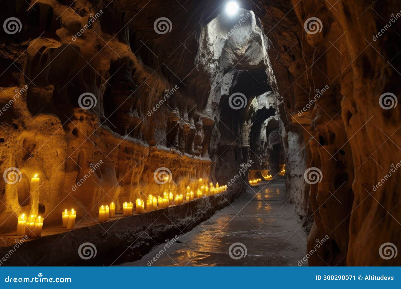 Stone Corridor in an Ancient Underground Cave, Illuminated by Lanterns ...