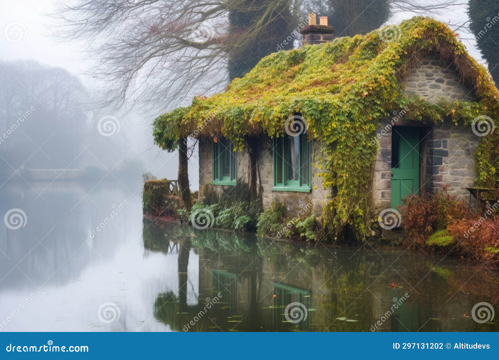 Stone Cottage with Ivy by a Misty Lake Stock Photo - Image of nature ...