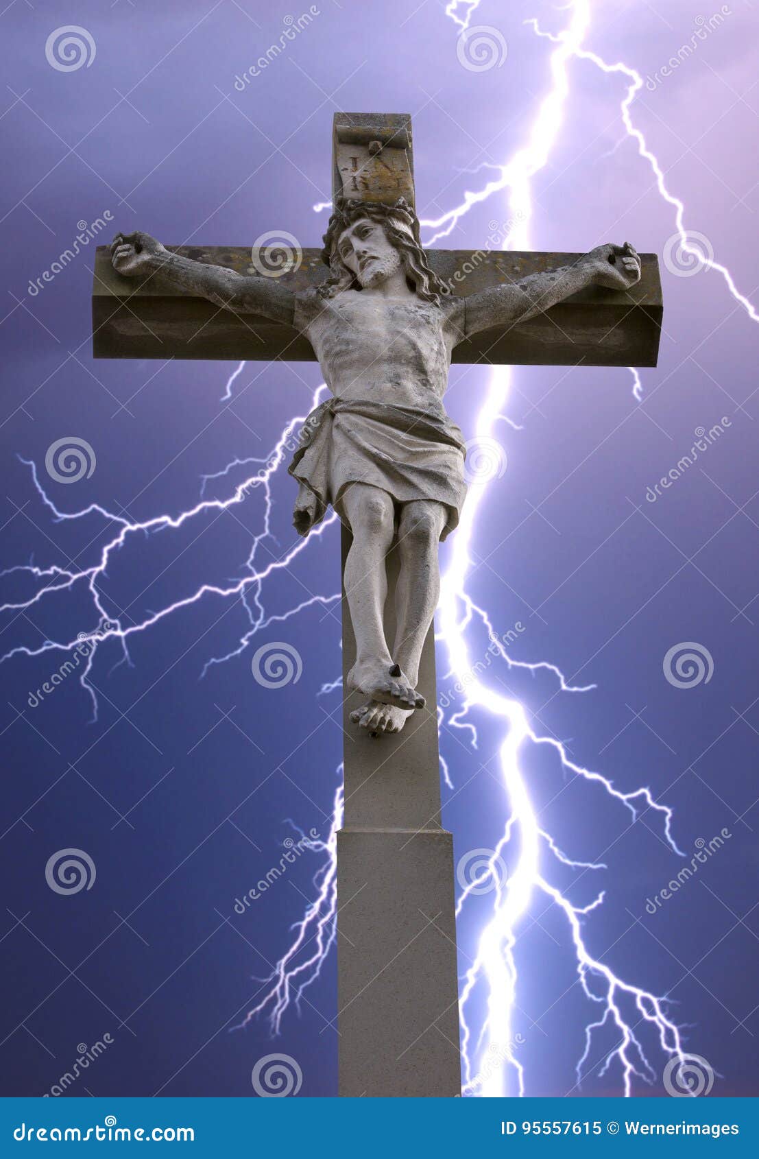 Stone Cross with Jesus and Sky with Lightning Stock Image - Image of ...
