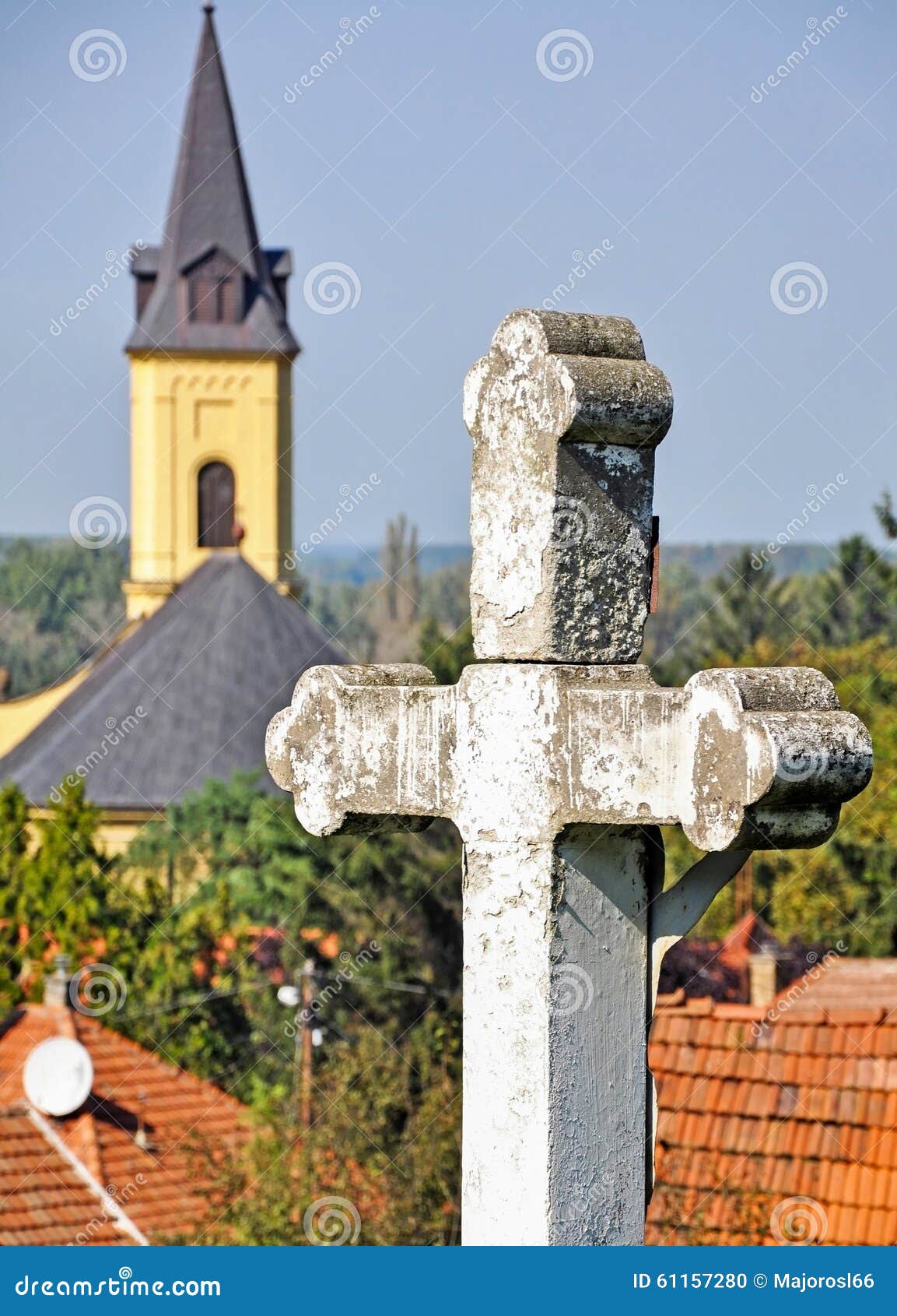 Stone Cross and the Tower of a Church Stock Photo - Image of pillar ...