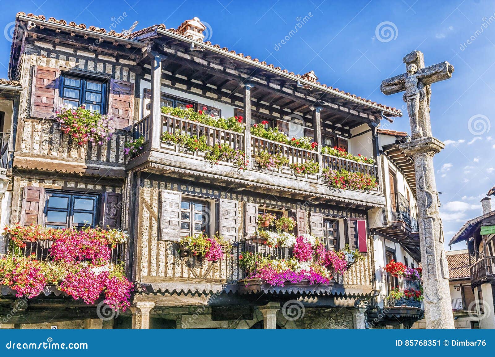 Stone Cross and Typical Architecture in Main Square of La Alberca.Spain ...