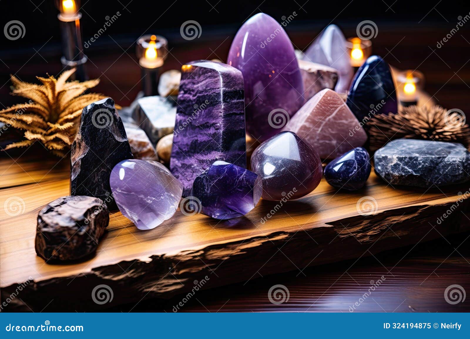 Stone Crystals on a Wooden Slab with a Piece of Wood Stock Image ...