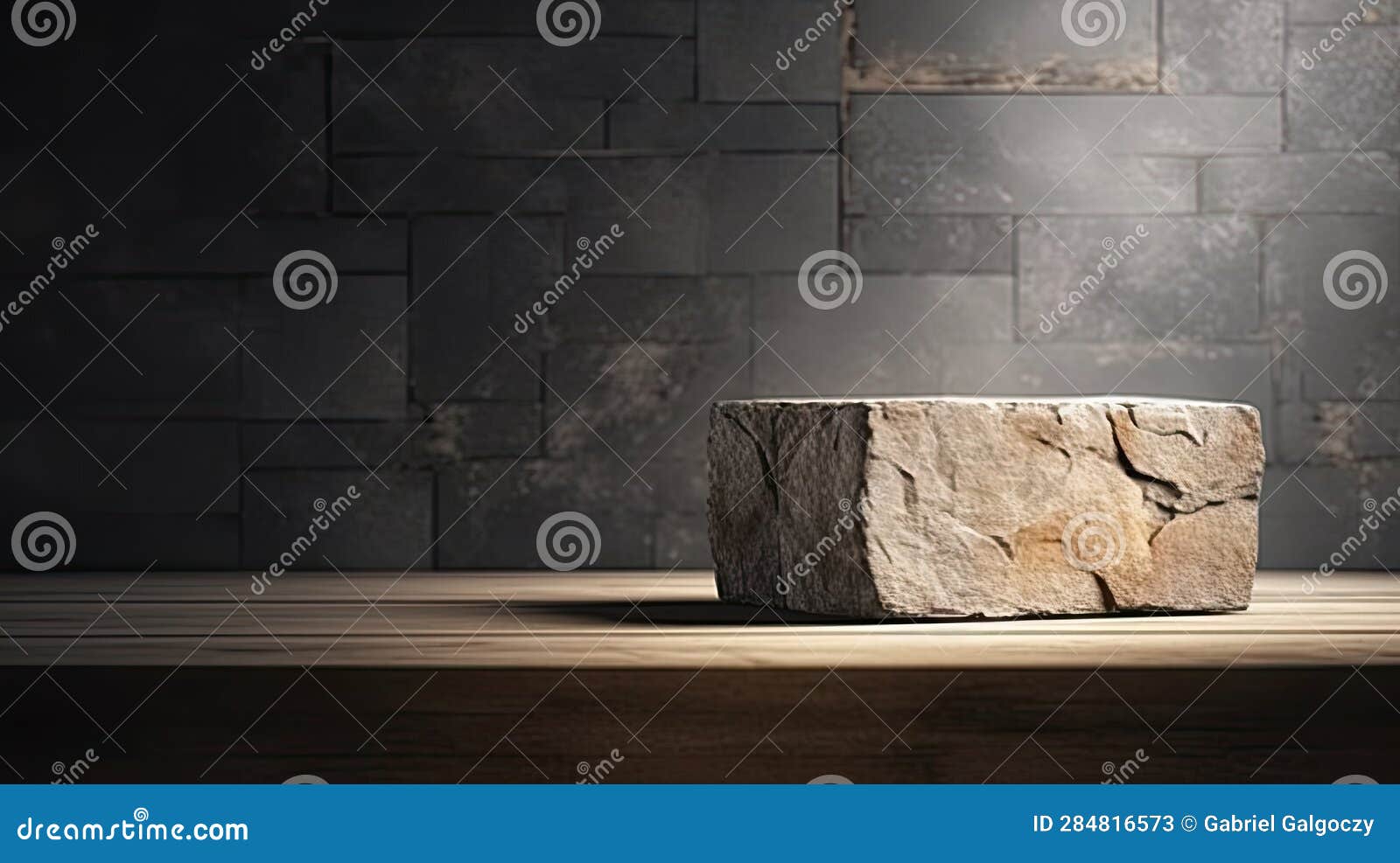 Stone Cube on Table in Front of Brick Wall Stock Illustration ...