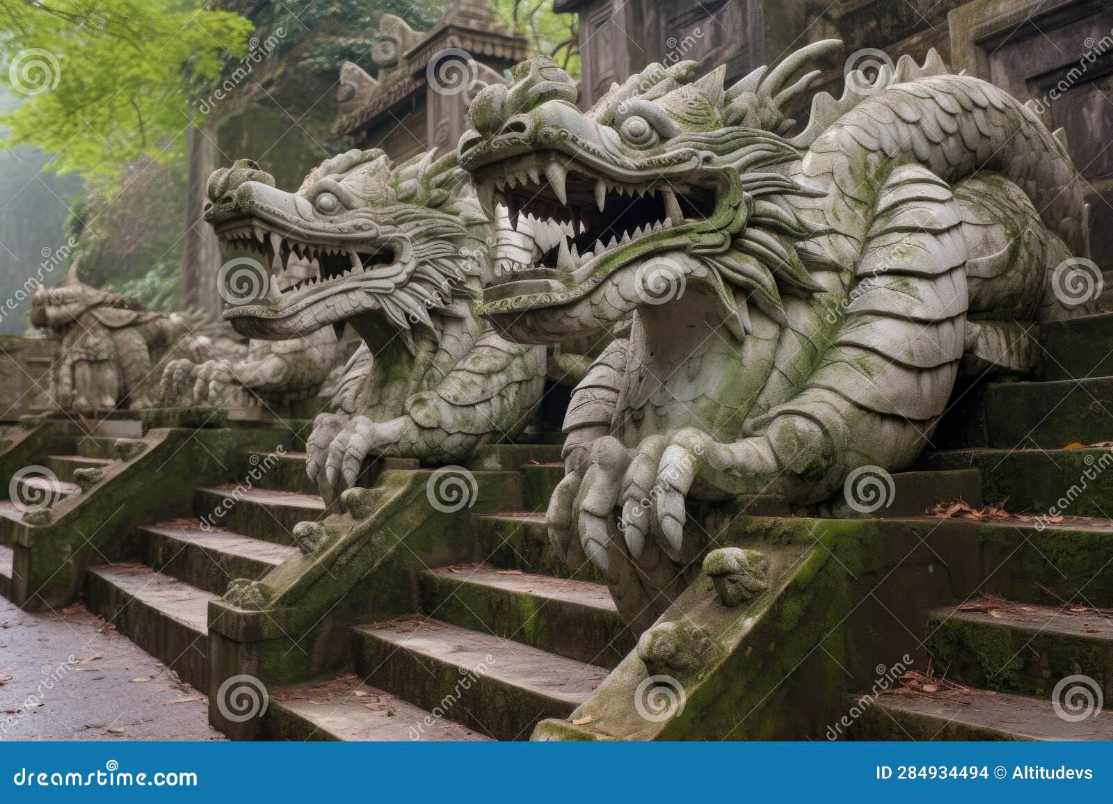Stone Dragon Sculptures Guarding Temple Steps Stock Illustration ...