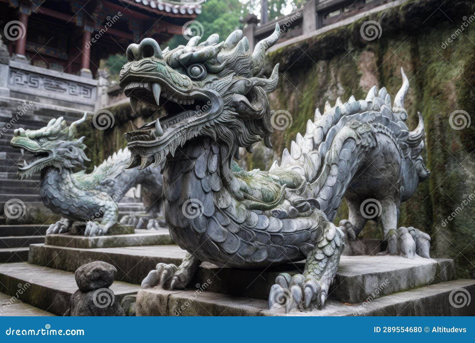 Stone Dragon Sculptures Guarding Temple Steps Stock Photo - Image of ...