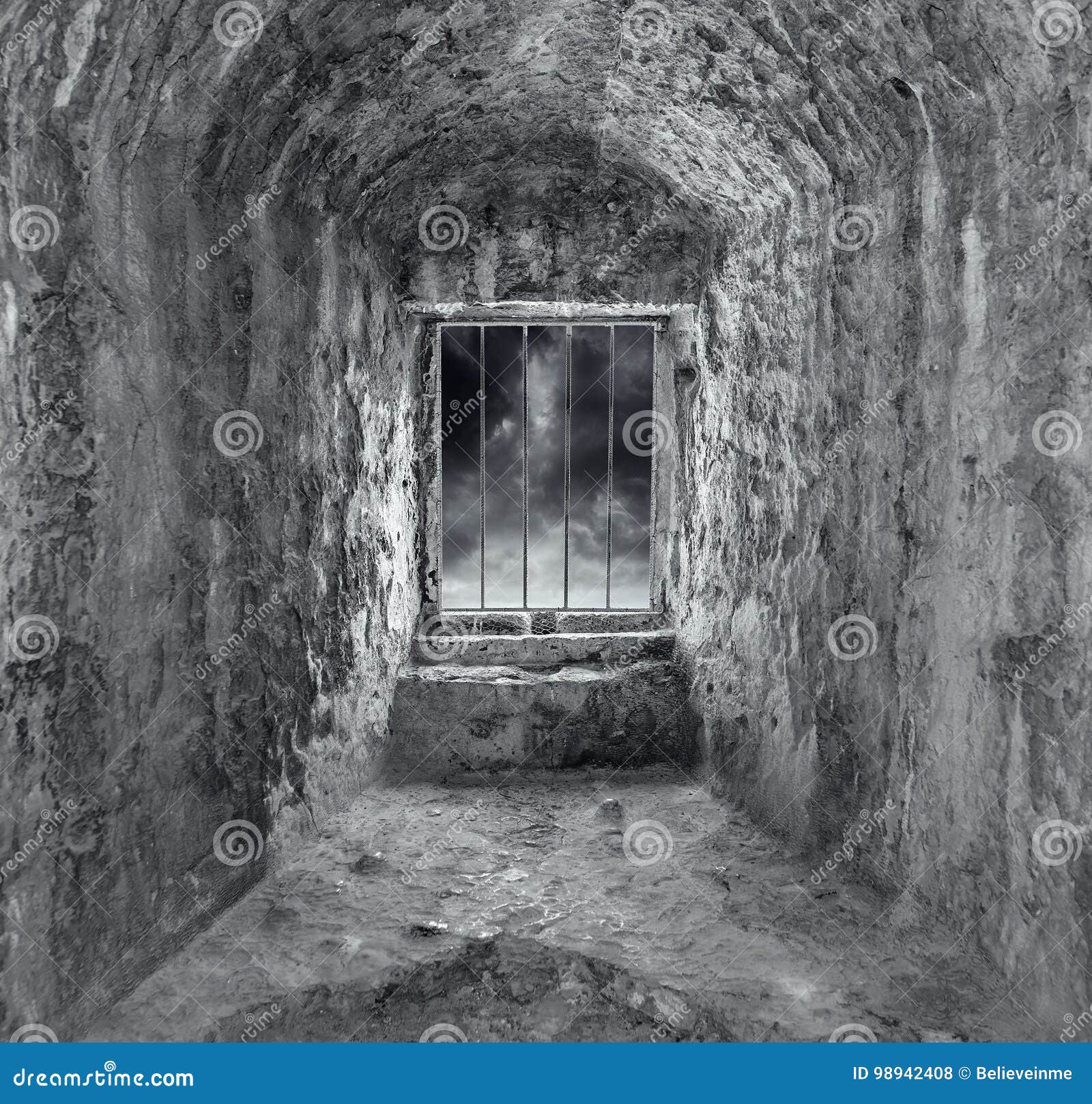 Stone Dungeon With Window And Bars. Stock Photo - Image of lattice ...