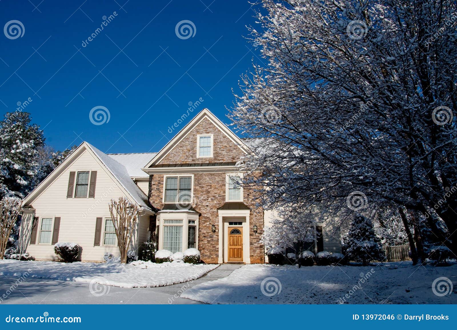 Stone Faced House with Snow and Blue Sky Stock Photo - Image of cold ...