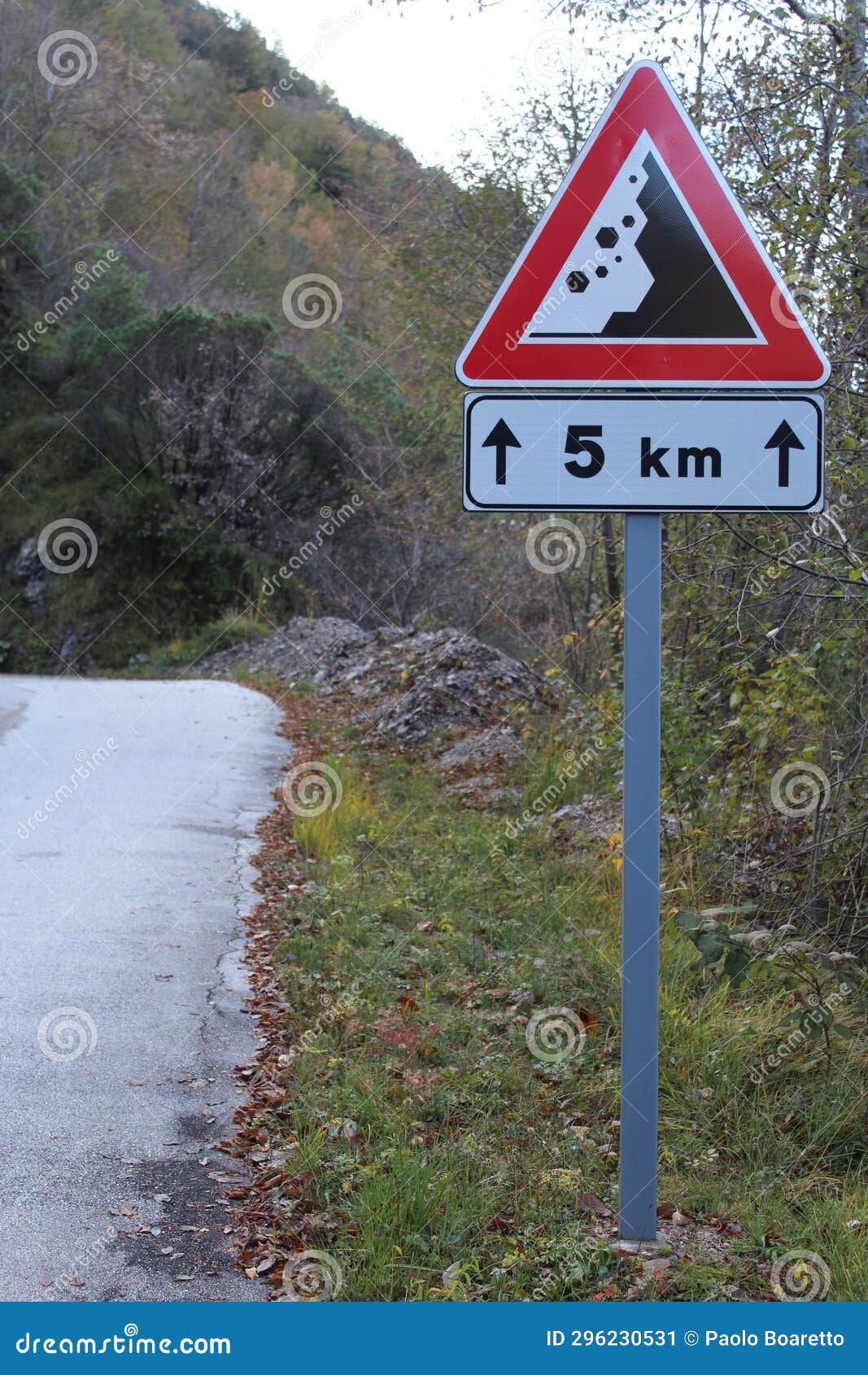 Stone-fall warning sign stock image. Image of trail - 296230531