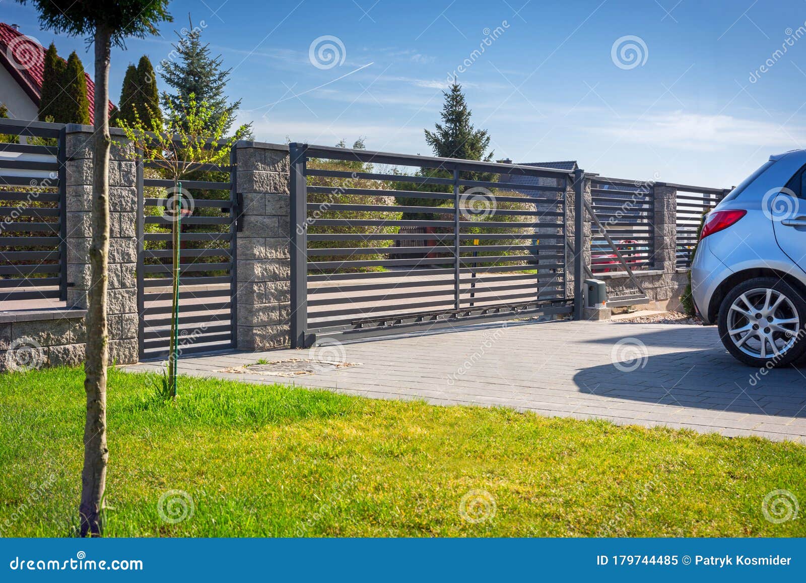 Stone Fence and Entrance Gate with Remote Control Stock Image - Image ...