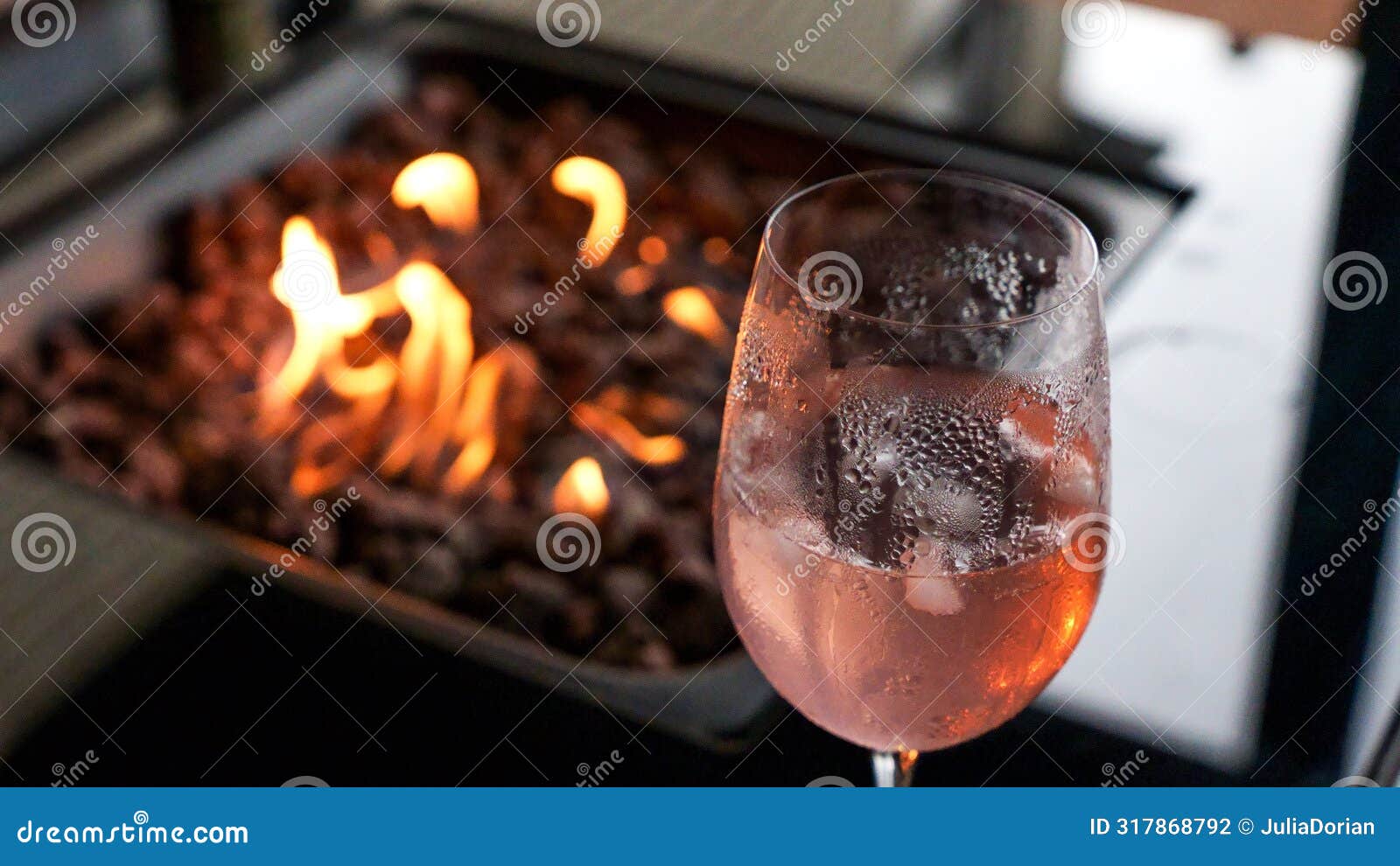 Stone Firepit with Fire Flames and Glass of Wine. Summer Camping ...