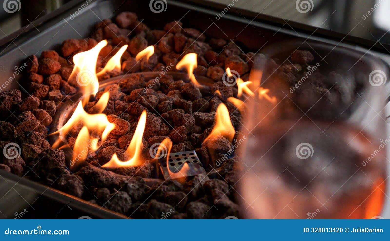 Stone Firepit with Fire Flames. Summer Camping Bonfire. Stock Photo ...