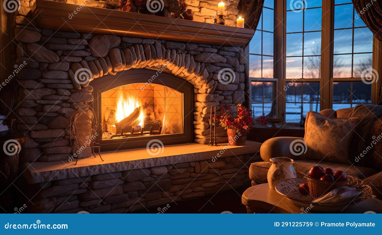 Stone Fireplace Ablaze in the House. Generative Ai Stock Image - Image ...
