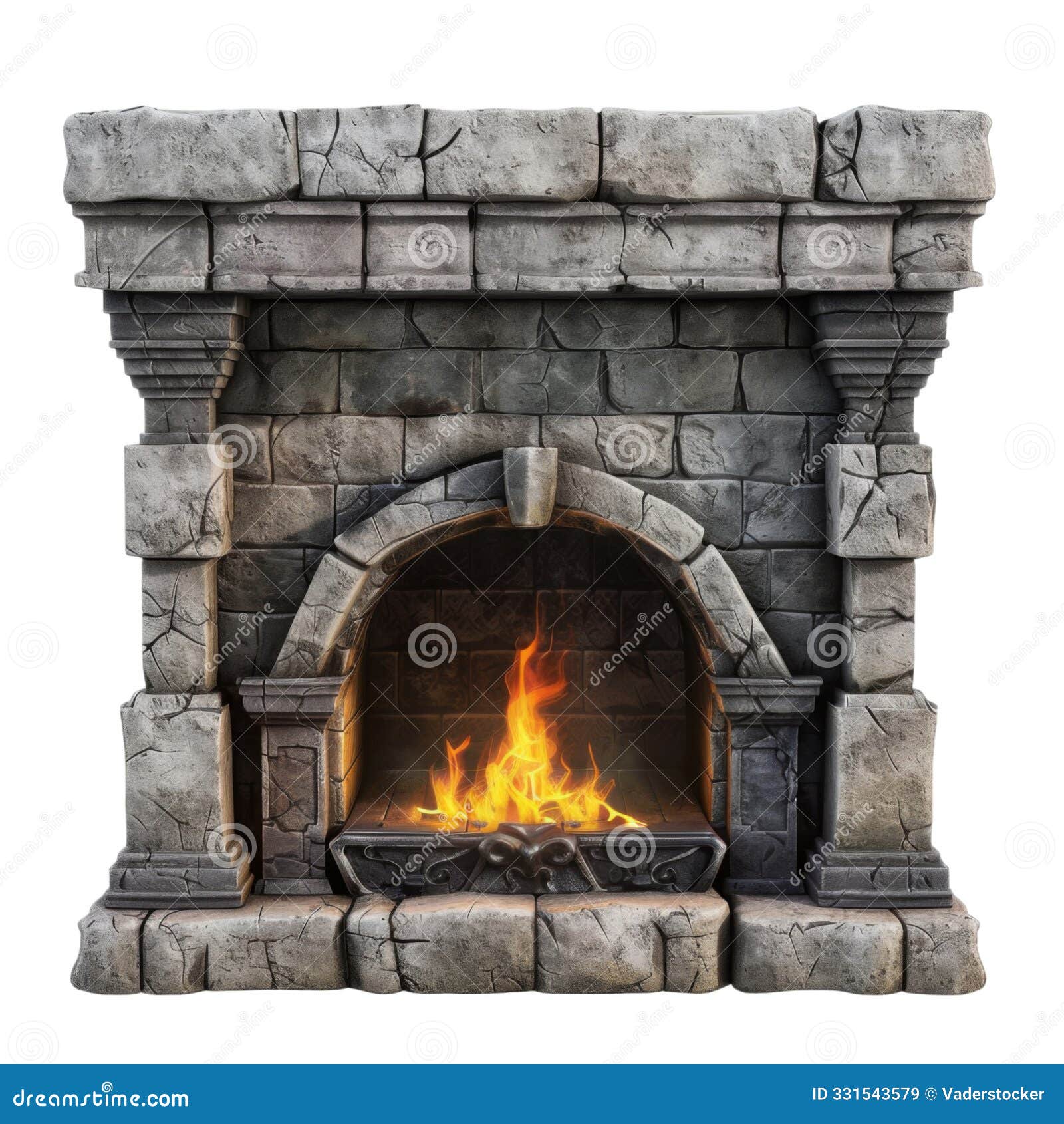Stone Fireplace with Arched Opening and Flaming Fire Stock Illustration ...