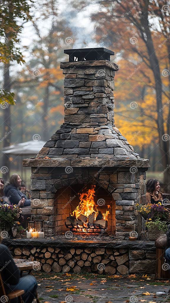Stone Fireplace with Burning Fire in Autumn Setting - Realistic Image ...