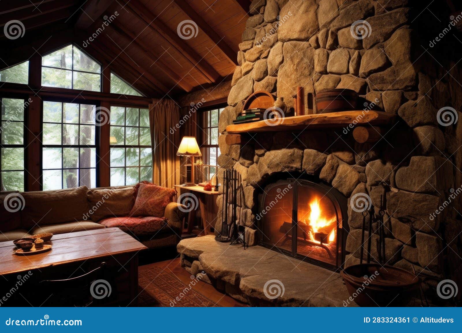Stone Fireplace in a Cozy Cabin Setting Stock Image - Image of cabin ...