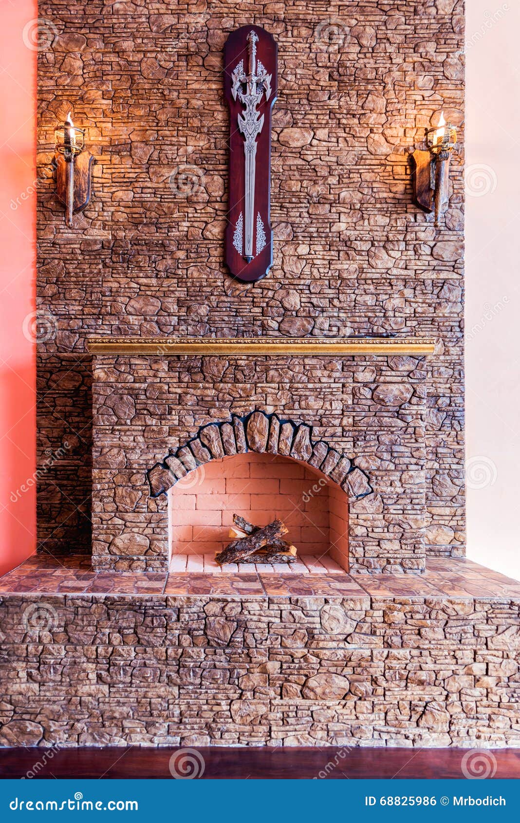 Stone fireplace with lamps stock photo. Image of light - 68825986