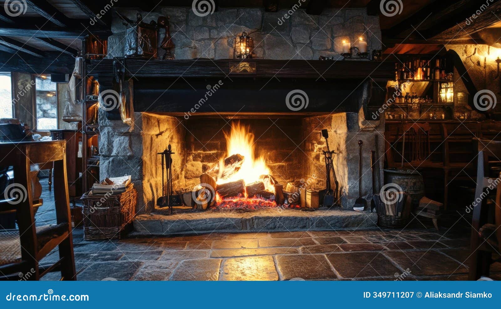Stone Fireplace in a Medieval Inn with a Roaring Fire Stock ...