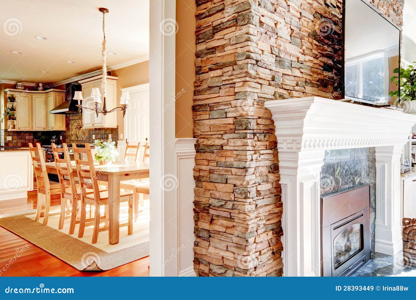 Stone Fireplace with Tv and Dining Room and Kitchen. Stock Image ...