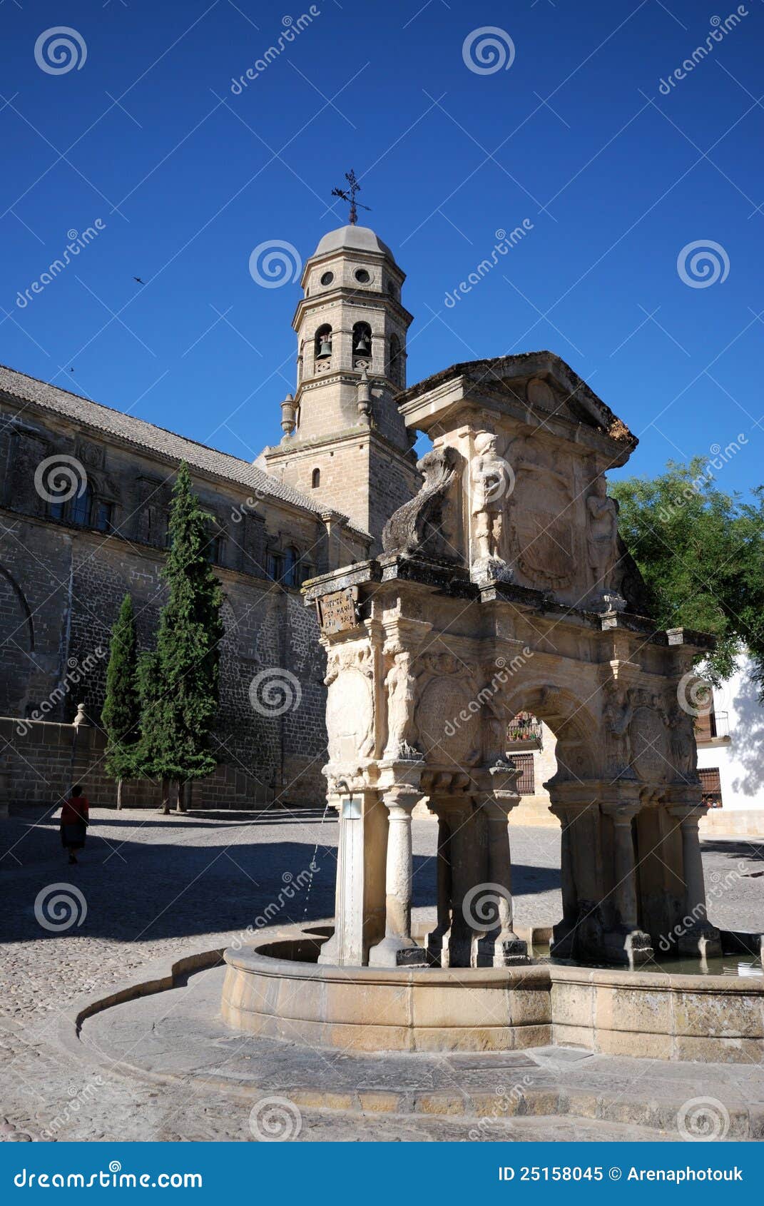 Stone Fountain and Cathedral, Baeza, Spain. Stock Image - Image of ...