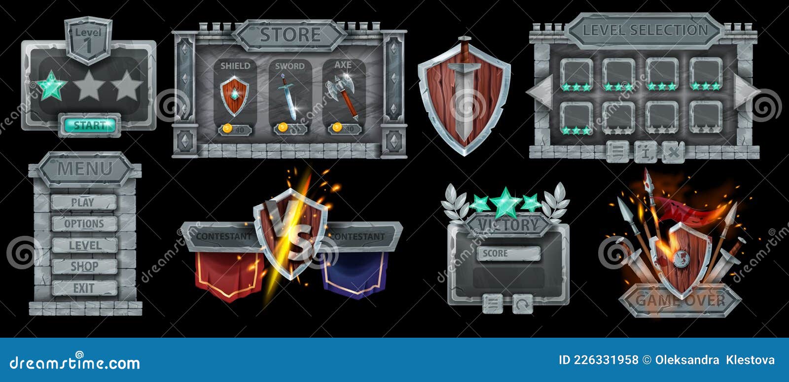 Stone Game Interface Menu Design Elements Kit, Gray Rock Frame Panel ...