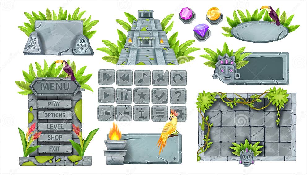 Stone Game UI Vector Set, Rock Interface Button Kit, Vector Ancient ...