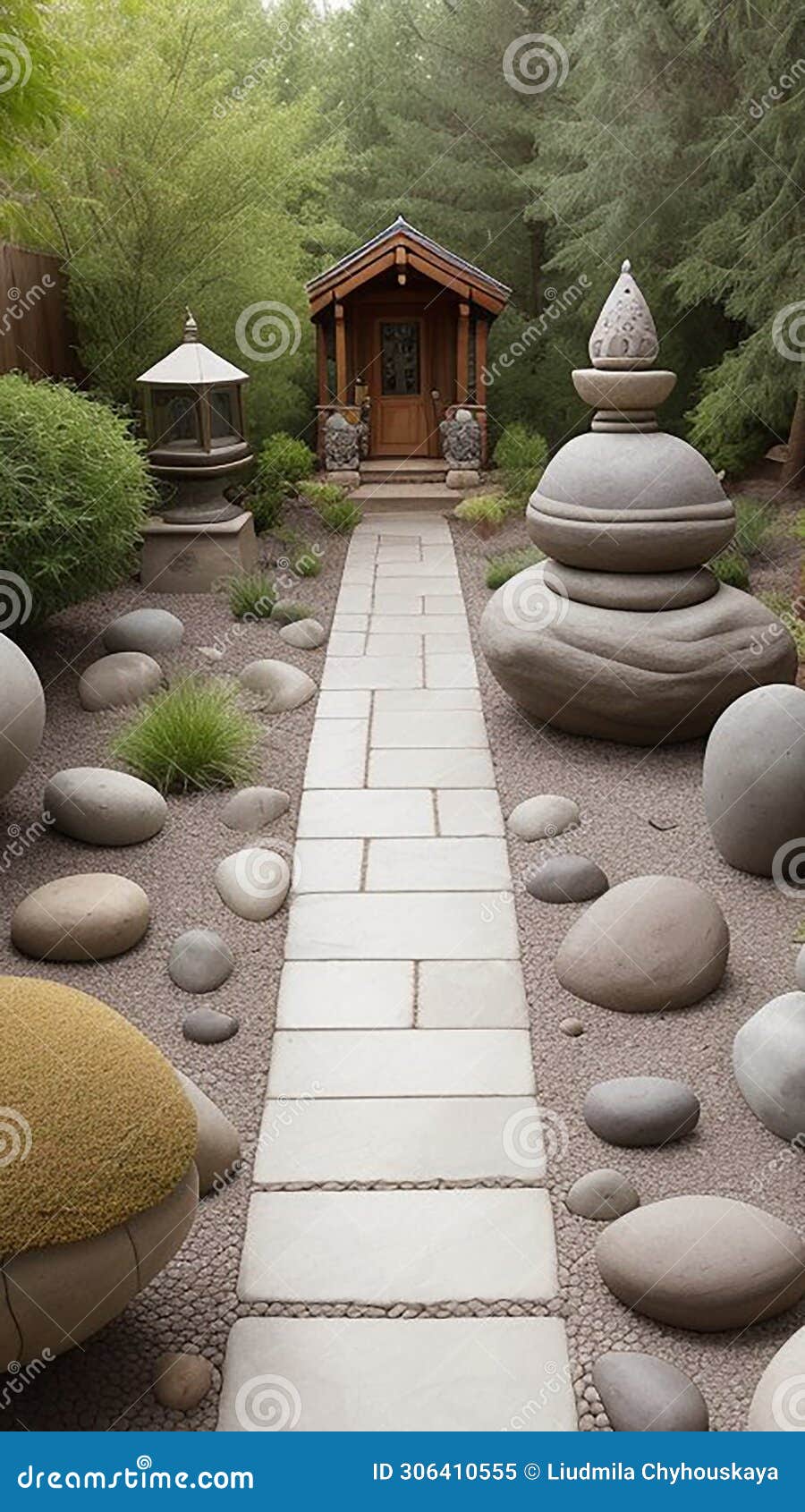 A Stone Garden with a Stone Path, Round Stones and a Stone Pyramid. an ...