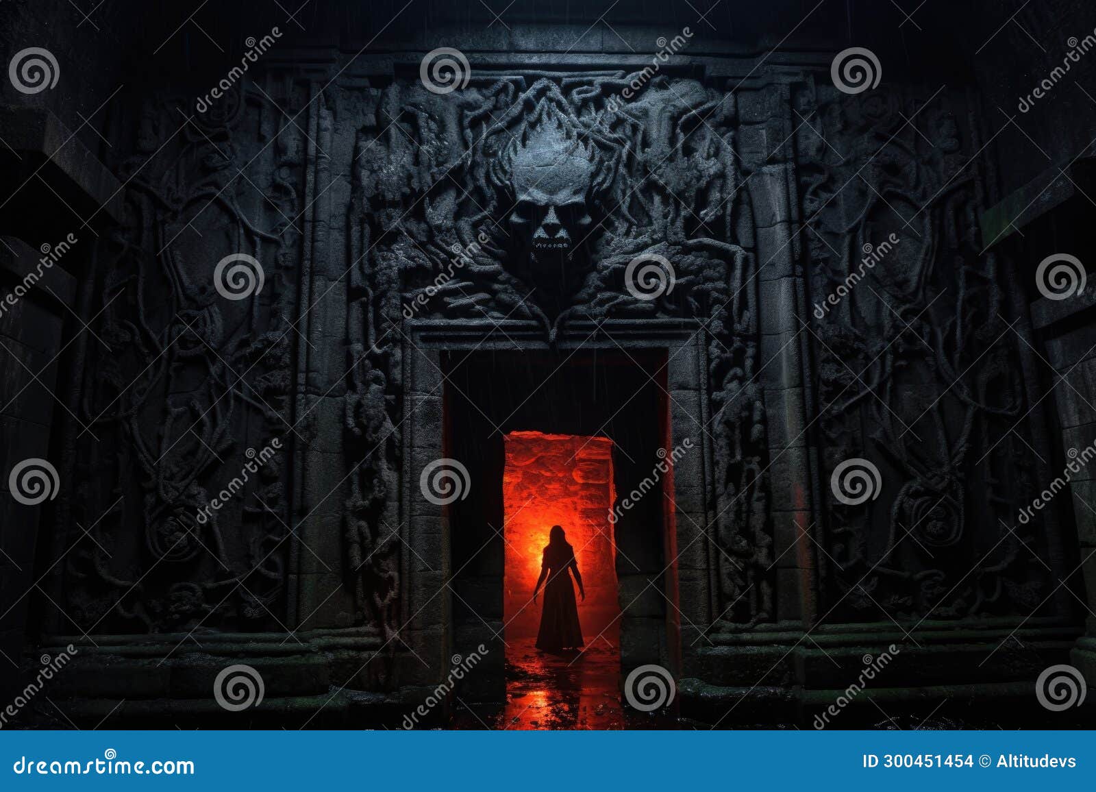 A Stone Gate with an Engraving of a Demonic Figure, Under Dim Lighting ...