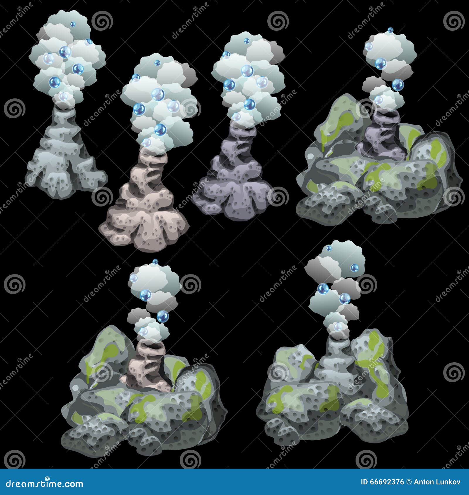 Stone Geysers with Steam and Bubbles, Six Image Stock Vector ...